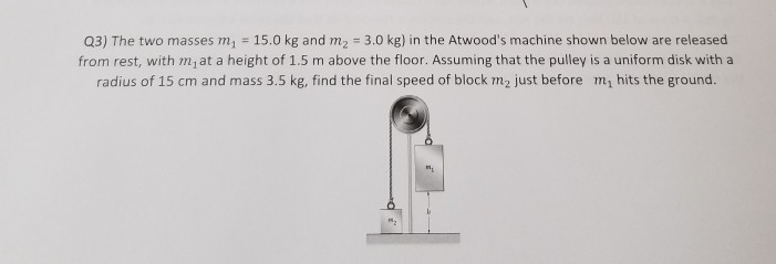 Solved Q3) The two masses m1 = 15.0 kg and m2-3,0 kg) in the | Chegg.com