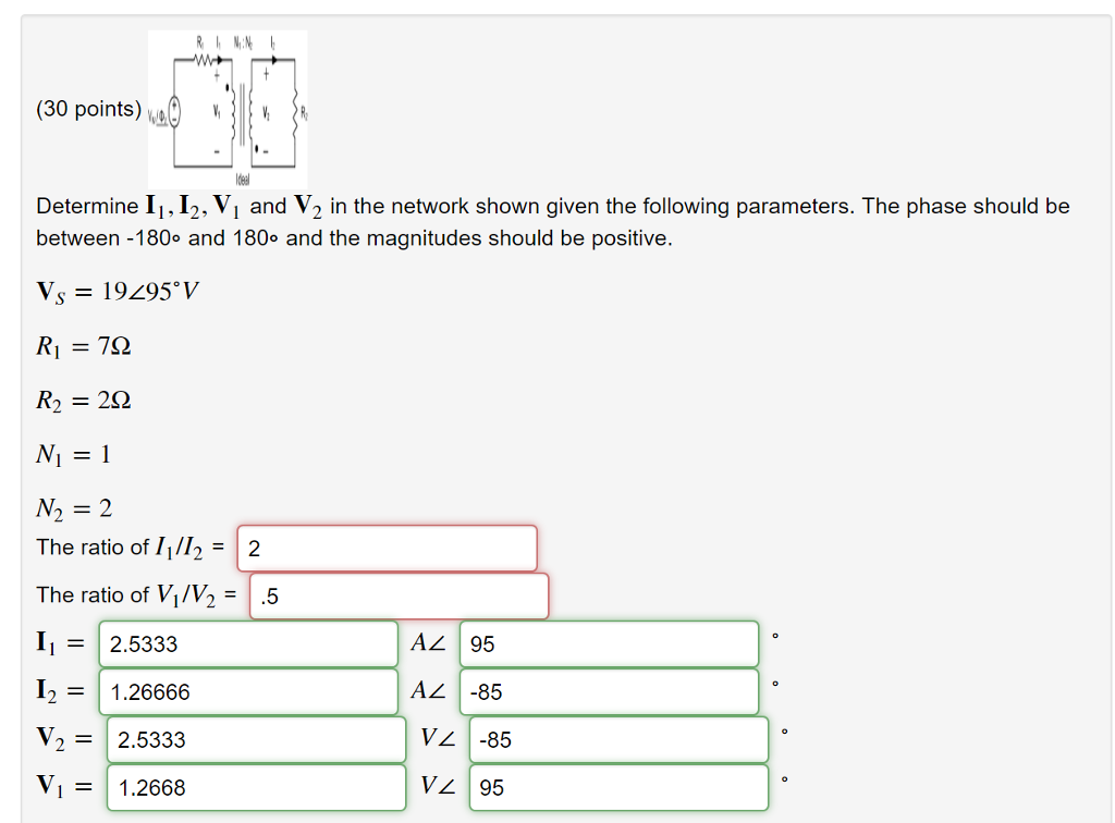 Solved (30 points) w ldeal Determine I1, I2, Vi and V2 in | Chegg.com