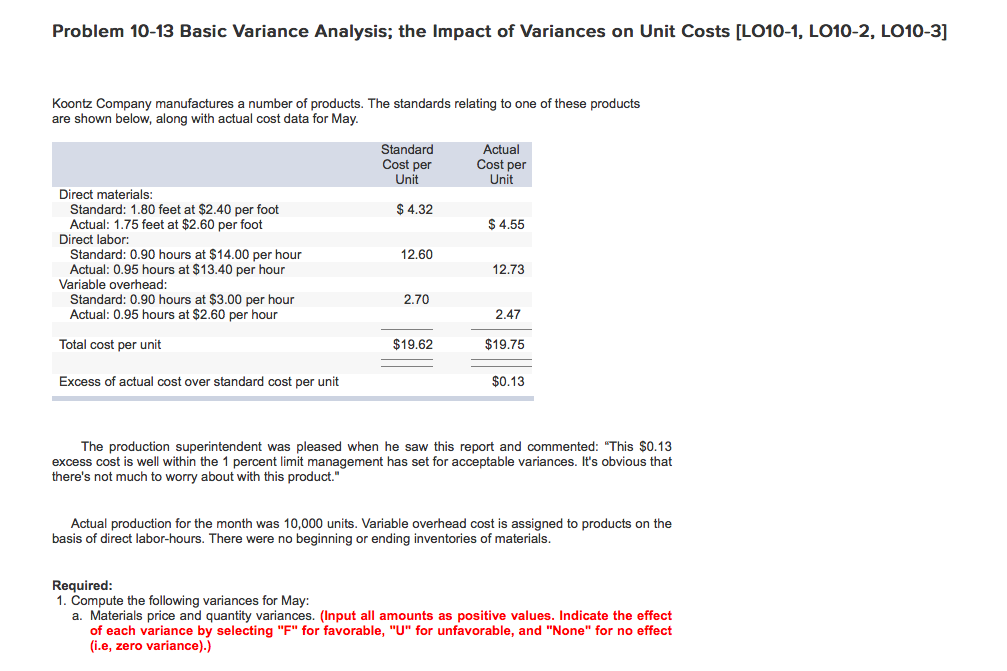 Solved Problem 10-13 Basic Variance Analysis; the impact of | Chegg.com