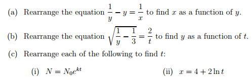 Solved (a) Rearrange the equation 1/y - y = 1/x to find x as | Chegg.com