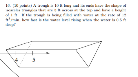 Solved 16. (10 points) A trough is 10 ft long and its ends | Chegg.com