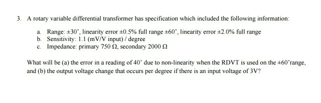 Solved 3. A rotary variable differential transformer has | Chegg.com
