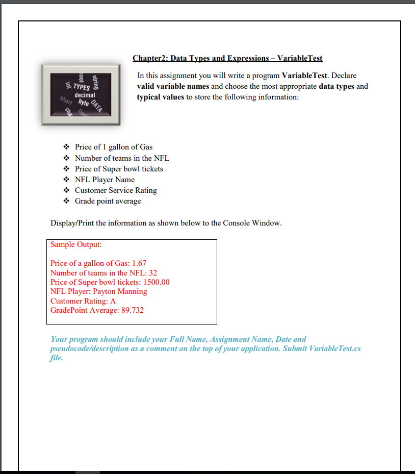 Solved hapter2: Data Types and Expressions - VariableTest | Chegg.com