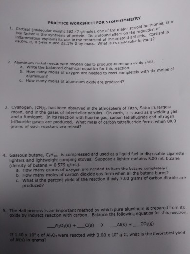 Solved IOMETRY PRACTICE WORKSHEET FOR STOICH 1. Cortisol ( | Chegg.com