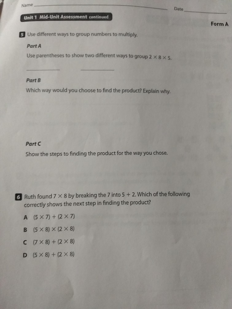 Solved Name Date Unit 1 Mid Unit Assessment Continued Form A Chegg