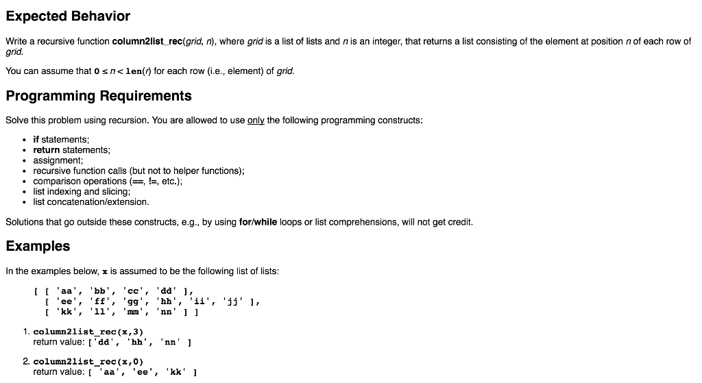Write A Recursive Function Column2list Rec Grid N