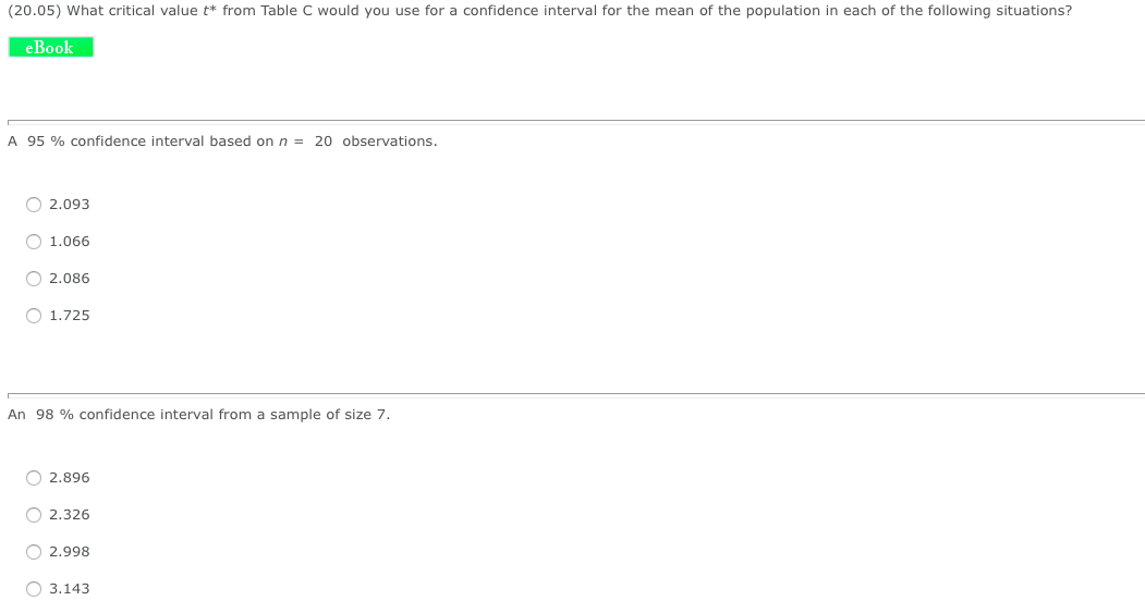 Solved What critical value t* from Table C would you use for | Chegg.com