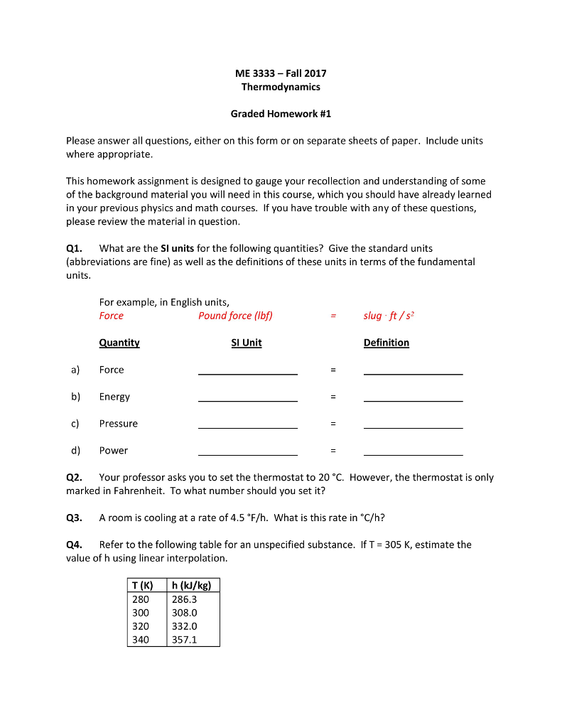 Solved ME 3333 Fall 2017 Thermodynamics Graded Homework #1 | Chegg.com