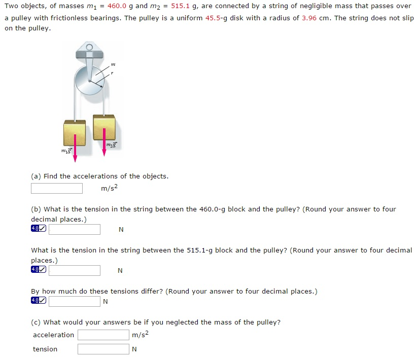 Solved Two objects, of masses mi = 460.0 g and m2 = 515.1 g, | Chegg.com