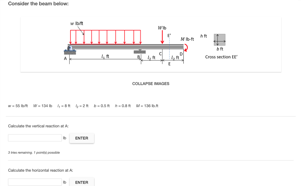 Solved Consider the beam below: w lb/ft Wlb hft VM Ib-ft b | Chegg.com