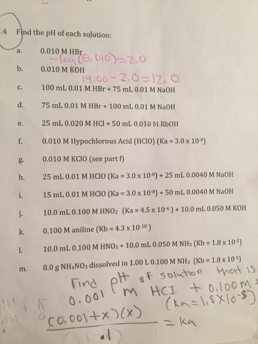 Solved Find the pH of each solution: 0.010 M HBr 0.010 M | Chegg.com