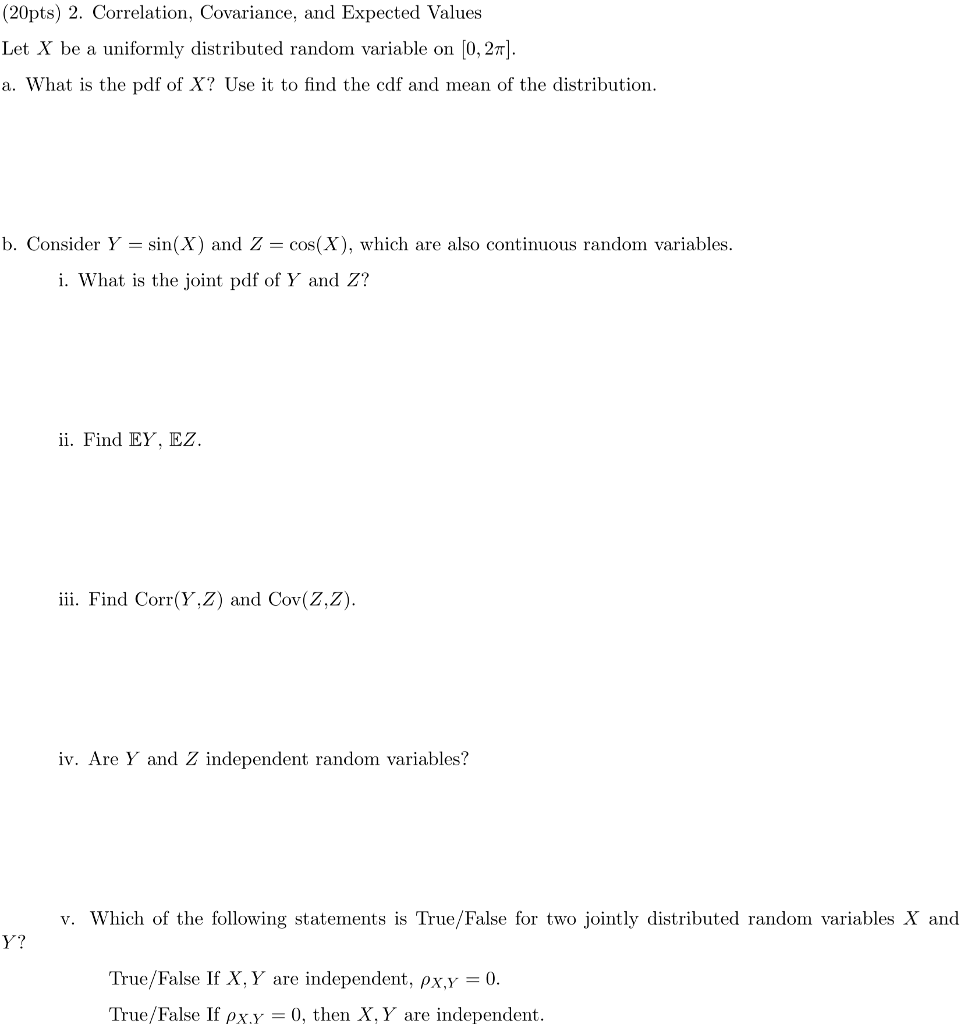 Solved (20pts) 2. Correlation, Covariance, and Expected | Chegg.com