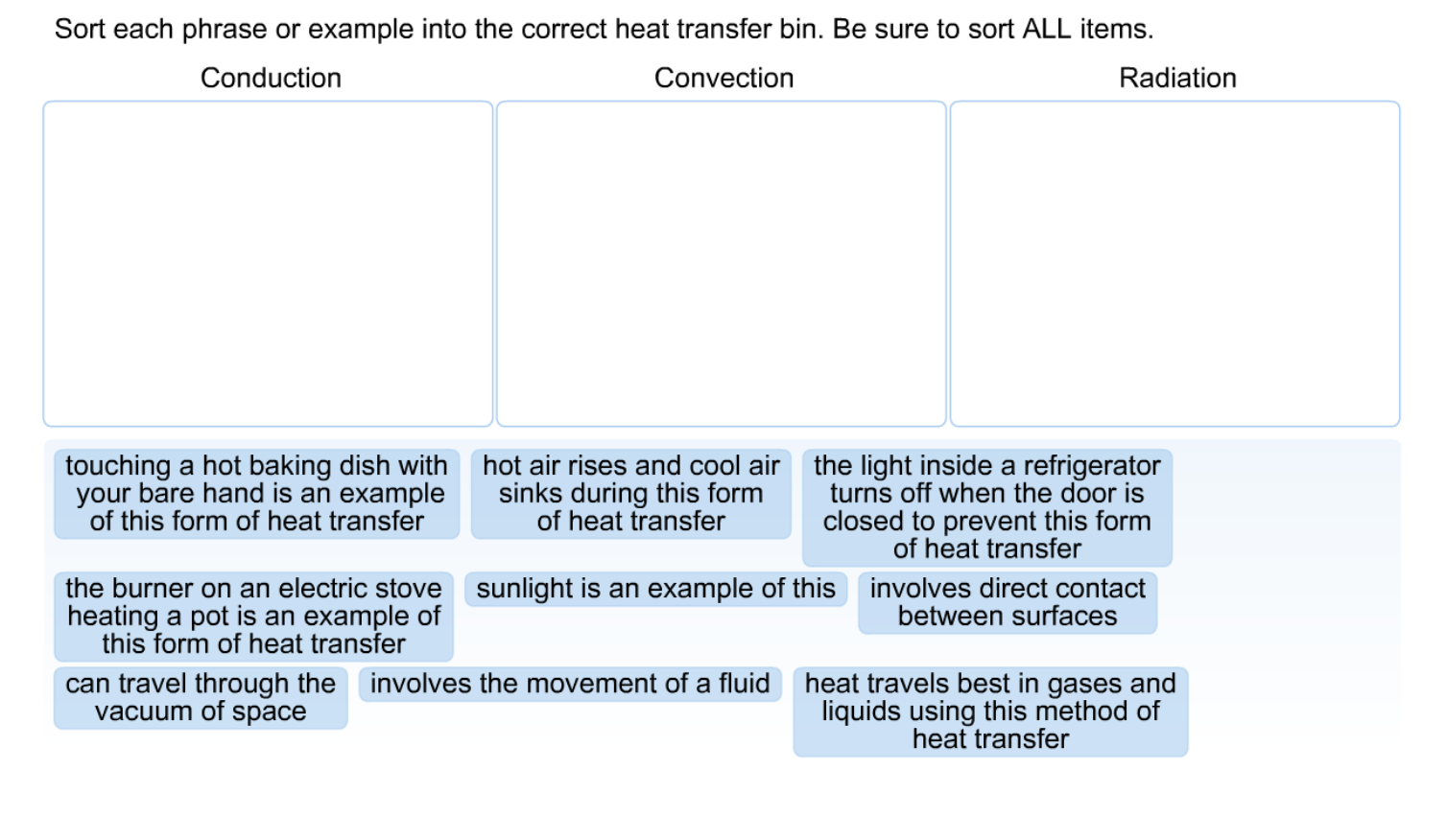 Solved Sort each phrase or example into the correct heat | Chegg.com