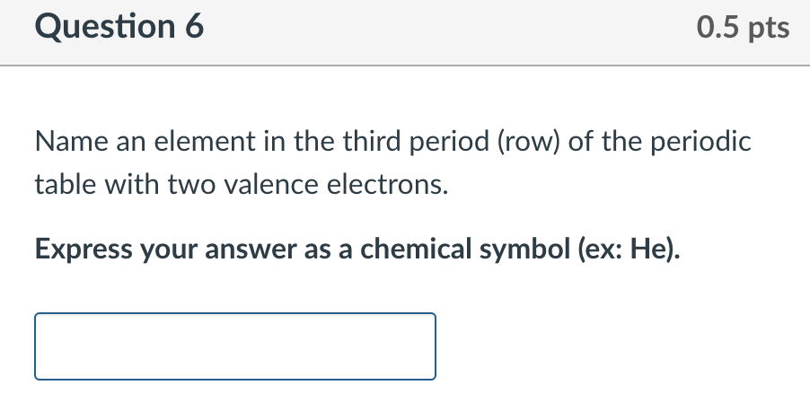 Solved Question 6 0.5 pts Name an element in the third | Chegg.com