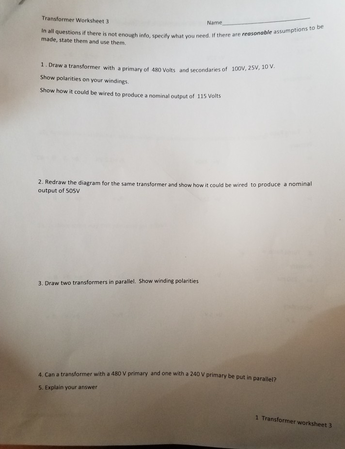 Solved Transformer Worksheet 3 Name In all questions if | Chegg.com