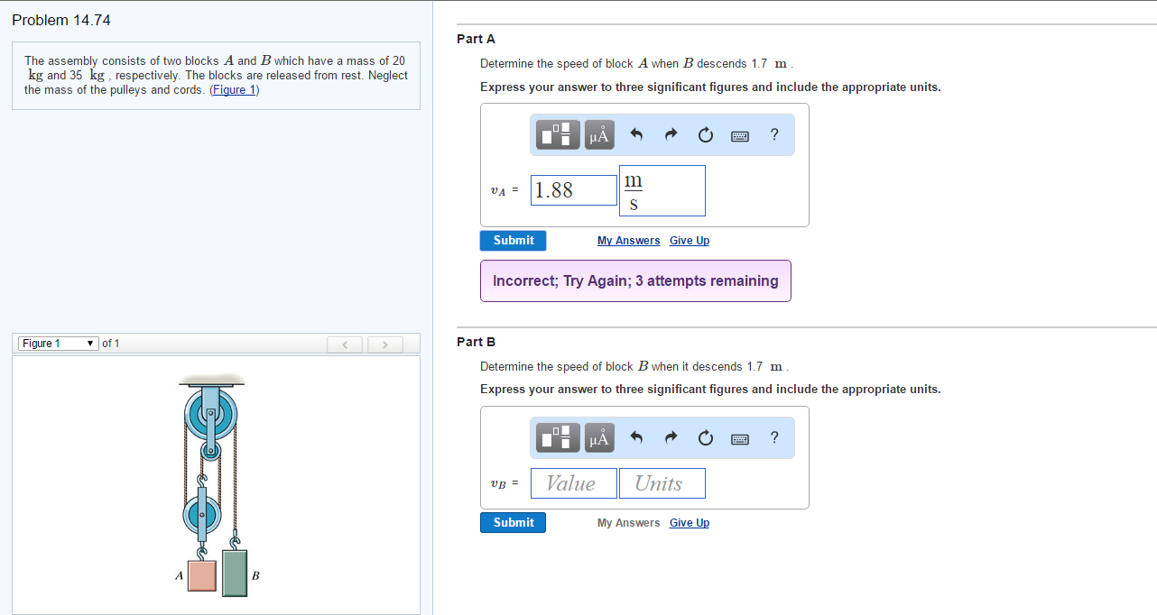 Solved Determine the speed of block B when it descends 1.7 m | Chegg.com