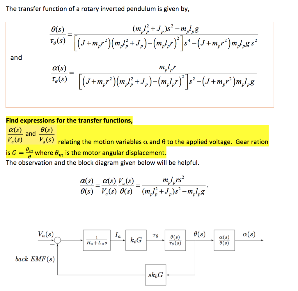 Solved The transfer function of a rotary inverted pendulum | Chegg.com