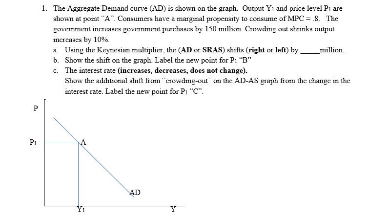 Solved 1. The Aggregate Demand curve (AD) is shown on the | Chegg.com
