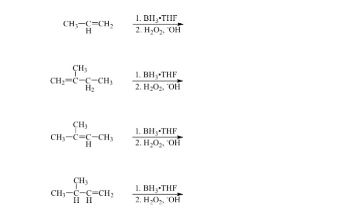 Solved 1. BH3 THF 2. H202, OH CHs CH2 C-C CH3 1. BH THF 2. | Chegg.com