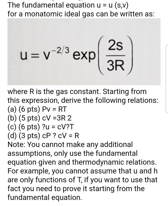 Solved The fundamental equation u u (s,v) for a monatomic | Chegg.com
