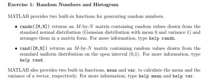 Exercise 1: Random Numbers and Histogram MATLAB | Chegg.com