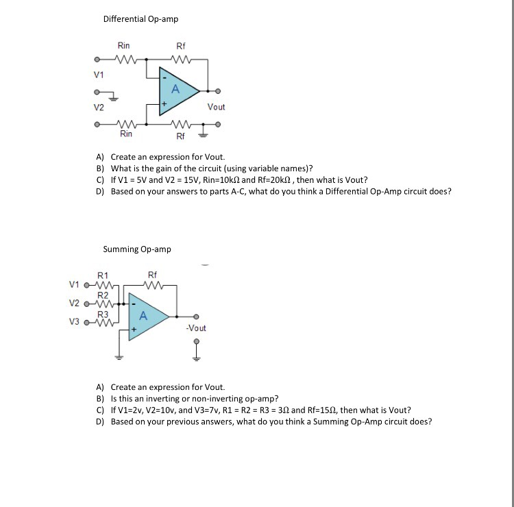 Solved Differential Op-amp Rin Rf V1 V2 Vout Rin Rf A) B) C) | Chegg.com