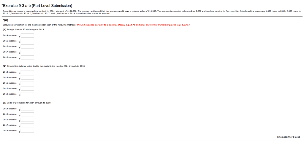 Solved Exercise 9-3 a-b (Part Level Submission) ope was | Chegg.com