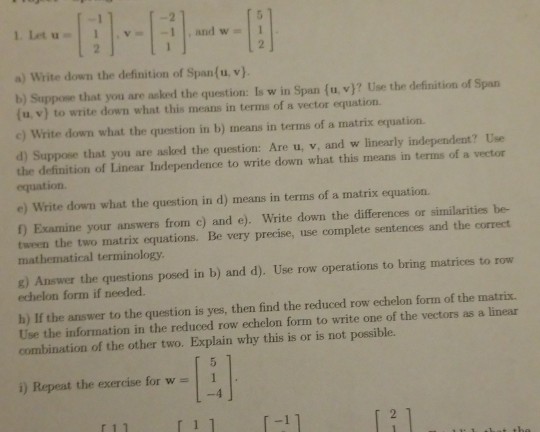 Solved -1 -2 a) Write down the definition of Span(u, v). b) | Chegg.com