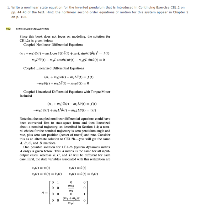 Solved 1. Write a nonlinear state equation for the inverted | Chegg.com