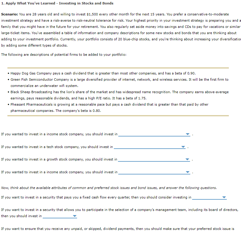 Solved 1. Apply What You've Learned Investing in Stocks and | Chegg.com