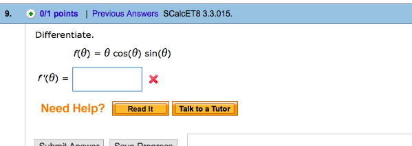 Solved 9. 0/1 points | Previous Answers SCalcET8 3.3.015 | Chegg.com