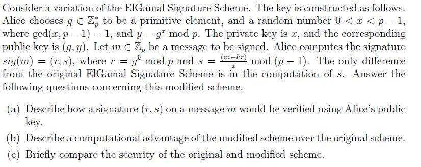 Solved Consider a variation of the ElGamal Signature Scheme. | Chegg.com