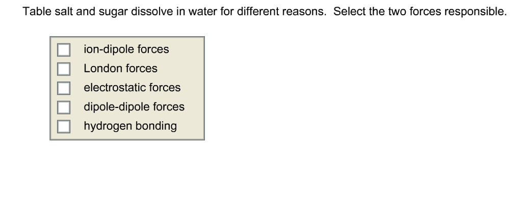 Solved Table salt and sugar dissolve in water for different | Chegg.com