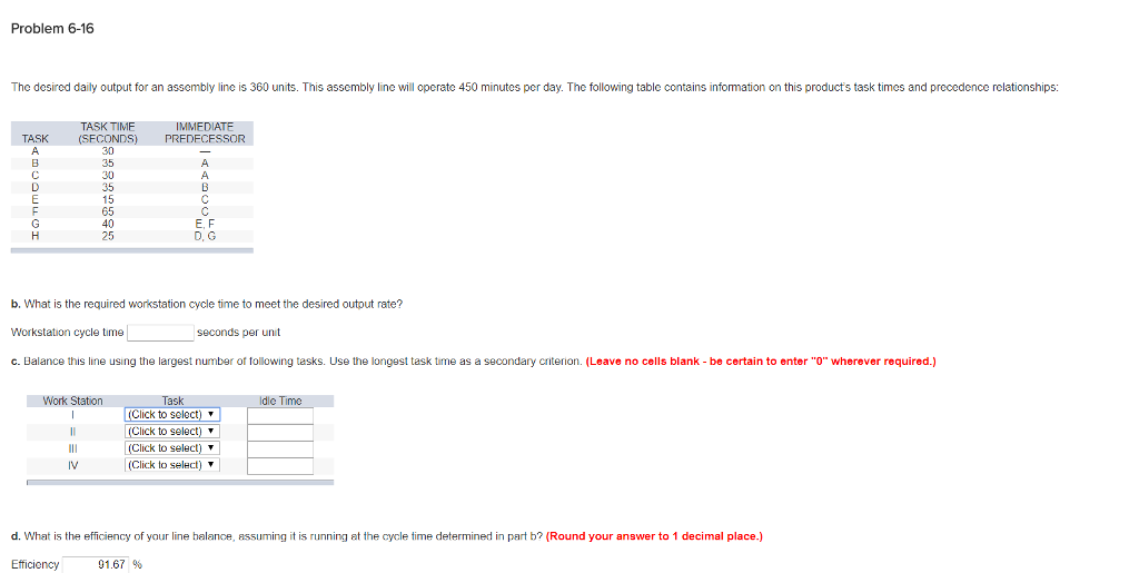 Solved Problem 6-16 The desired daily output for an assembly | Chegg.com