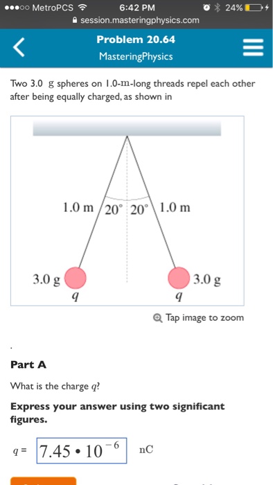 Solved Two 3.0 g spheres on 1.0-m-long threads repel each | Chegg.com
