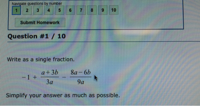 Solved Write as a single fraction. -1 + a + 3b/3a - 8a - | Chegg.com