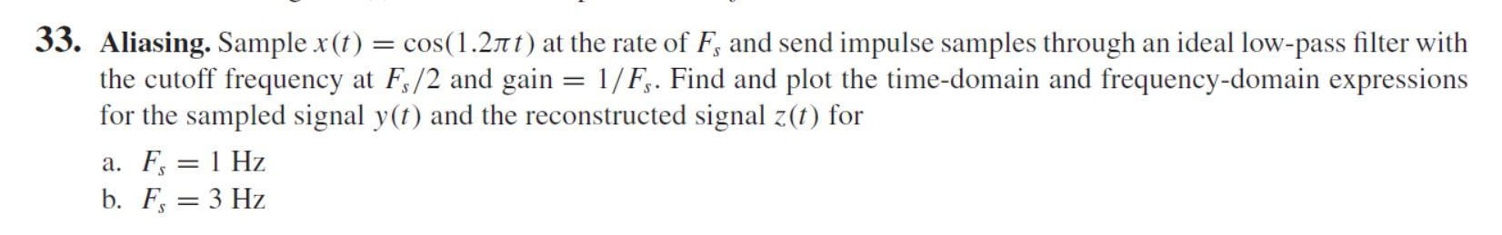 Solved Aliasing. Sample x(t) = cos(1.2pit) at the rate of Fs | Chegg.com