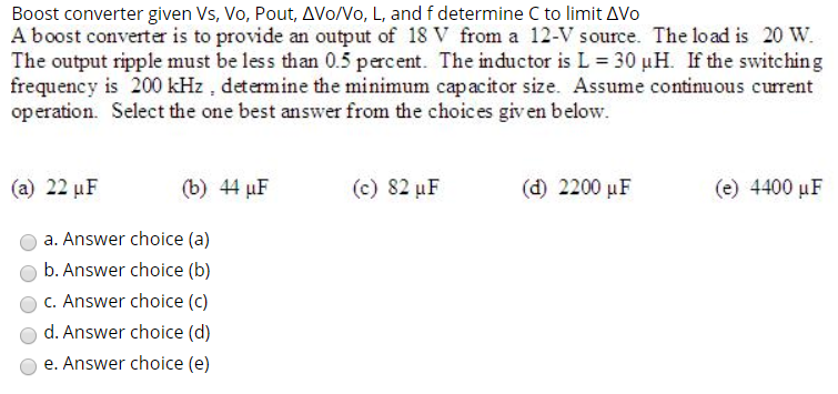 Solved Boost converter given Vs, Vo, Pout, AVo/Vo, L, and f | Chegg.com