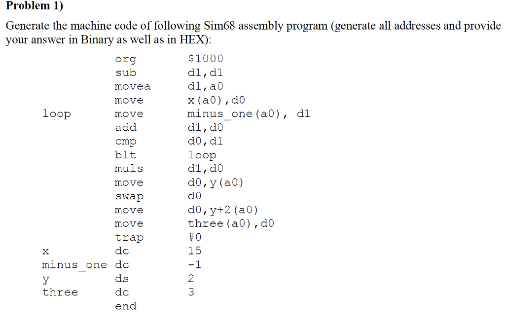 Problem 1) Generate the machine code of following | Chegg.com