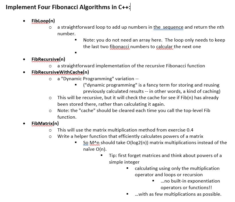 Solved Implement Four Fibonacci Algorithms in C++ Fibloop(n) | Chegg.com