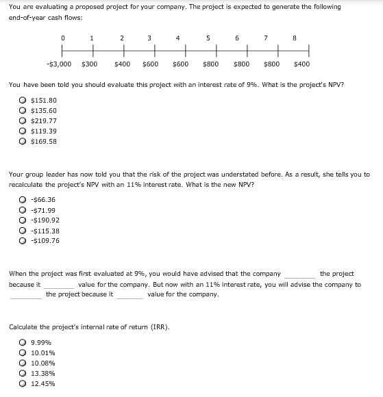 Solved You are evaluating a proposed project for your | Chegg.com