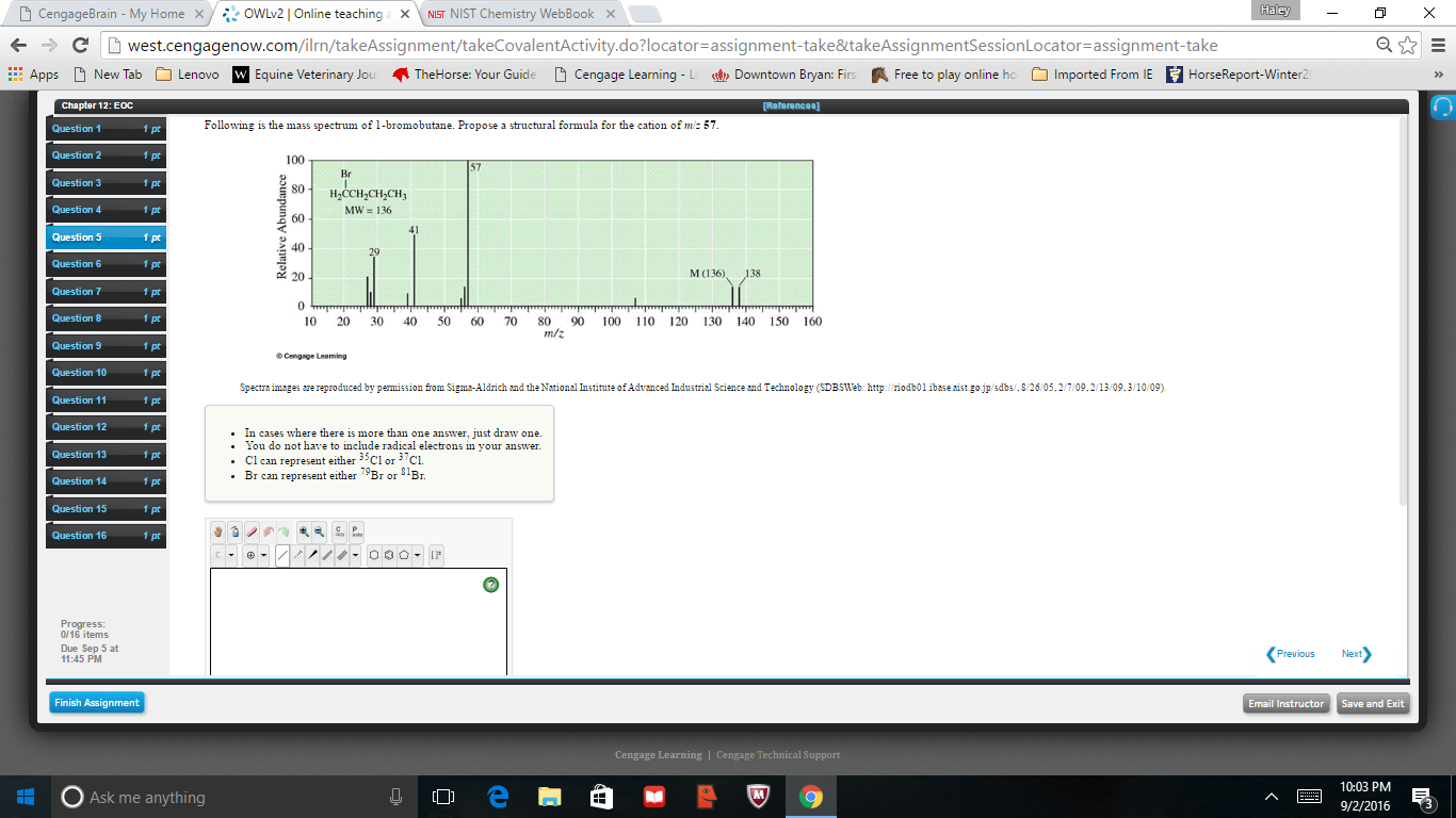 Solved Following is the mass spectrum of 1-bromobutane. | Chegg.com