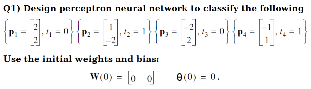 Q1) Design perceptron neural network to classify the | Chegg.com