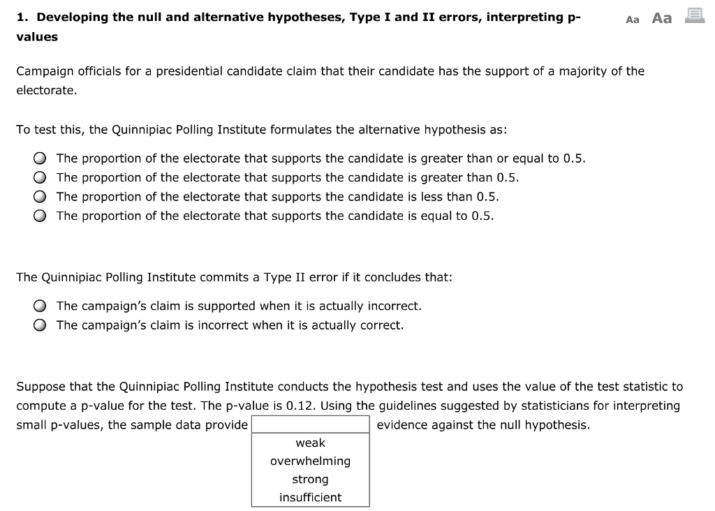 Solved Aa Aa E 1. Developing the null and alternative | Chegg.com