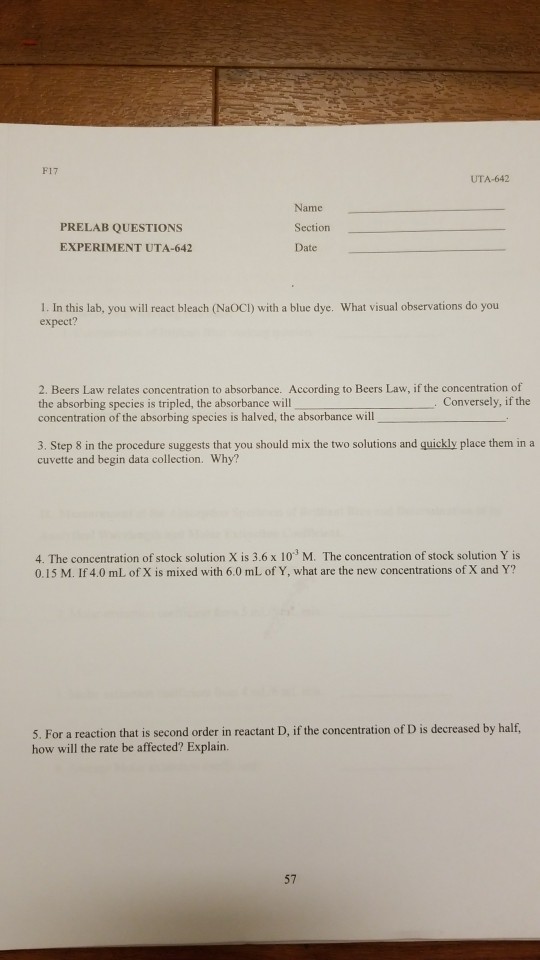 Solved F17 UTA-642 PRELAB QUESTIONS EXPERIMENT UTA-642 Name | Chegg.com