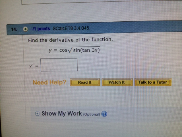 Solved Find the derivative of the function. y = cos | Chegg.com