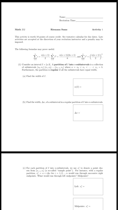 Solved Recitation Time Math 232 Riemann Sums Activity1 This | Chegg.com