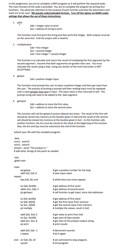 Solved In this assignment, you are to complete a MIPS | Chegg.com