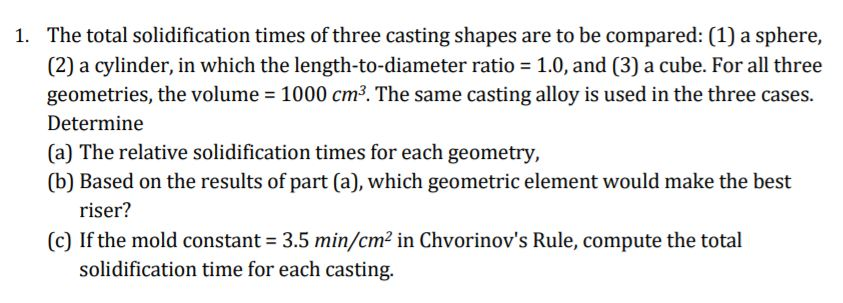 Solved The total solidification times of three casting | Chegg.com