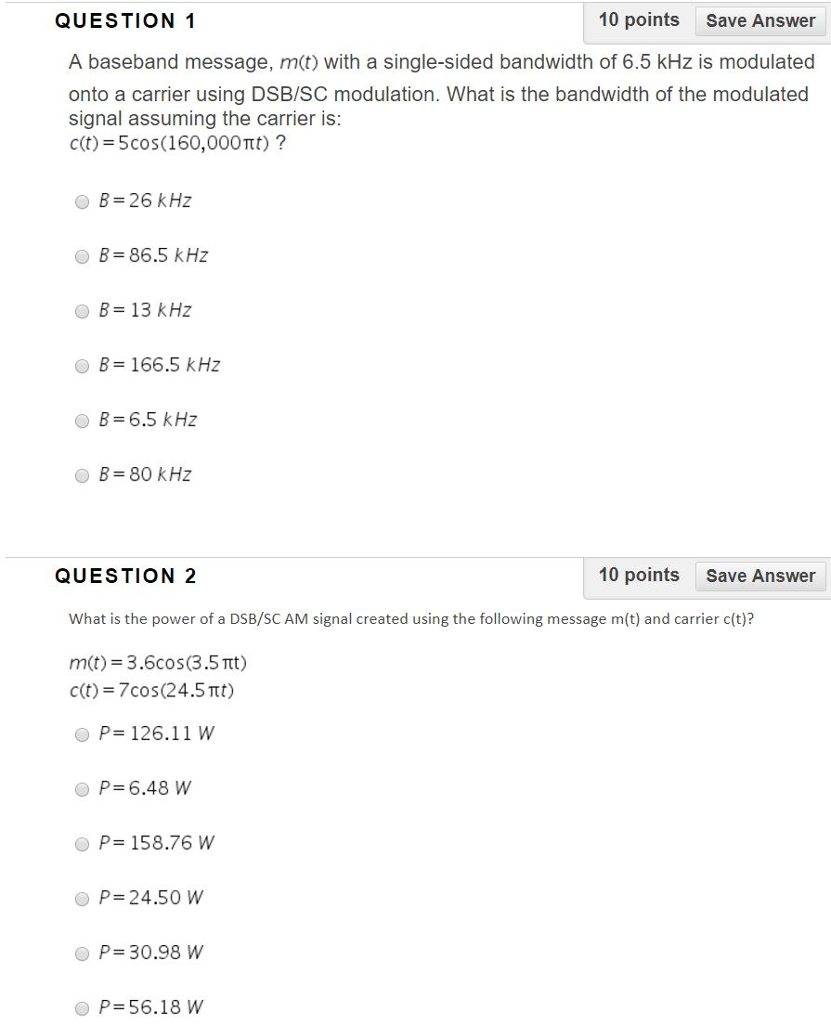 Solved A baseband message, m(t) with a single-sided | Chegg.com